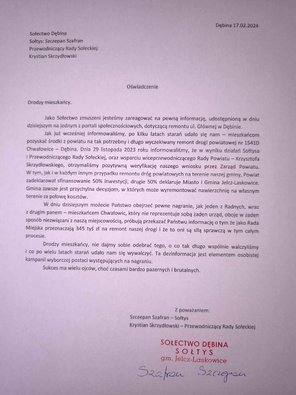 Sołectwo Dębina reaguje na pewną informację. Jest oświadczenie